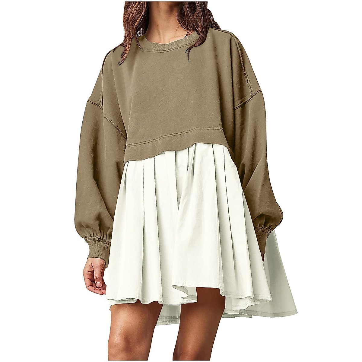Oversized Sweatshirt Dress for Women 2024 Fall Fashion Long Sleeve Crewneck Pullover Tops Relaxed Fit Sweatshirts Mini Dress Fall Womens Outfits Womens Free People Dupes Khaki Dresses XXL