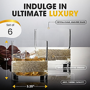 BERKWARE Lowball Whiskey Glasses - Crystal Old Fashioned Glasses with Sparkling Rhinestone Design for Wine & Cocktail, 10oz each (Set of 6)