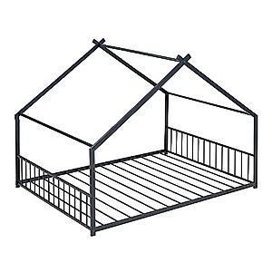DNYN Twin Size Metal House Bed with Roof Design for Kids Bedroom,Sturdy Steel Bedframe,No Box Spring Needed, Black