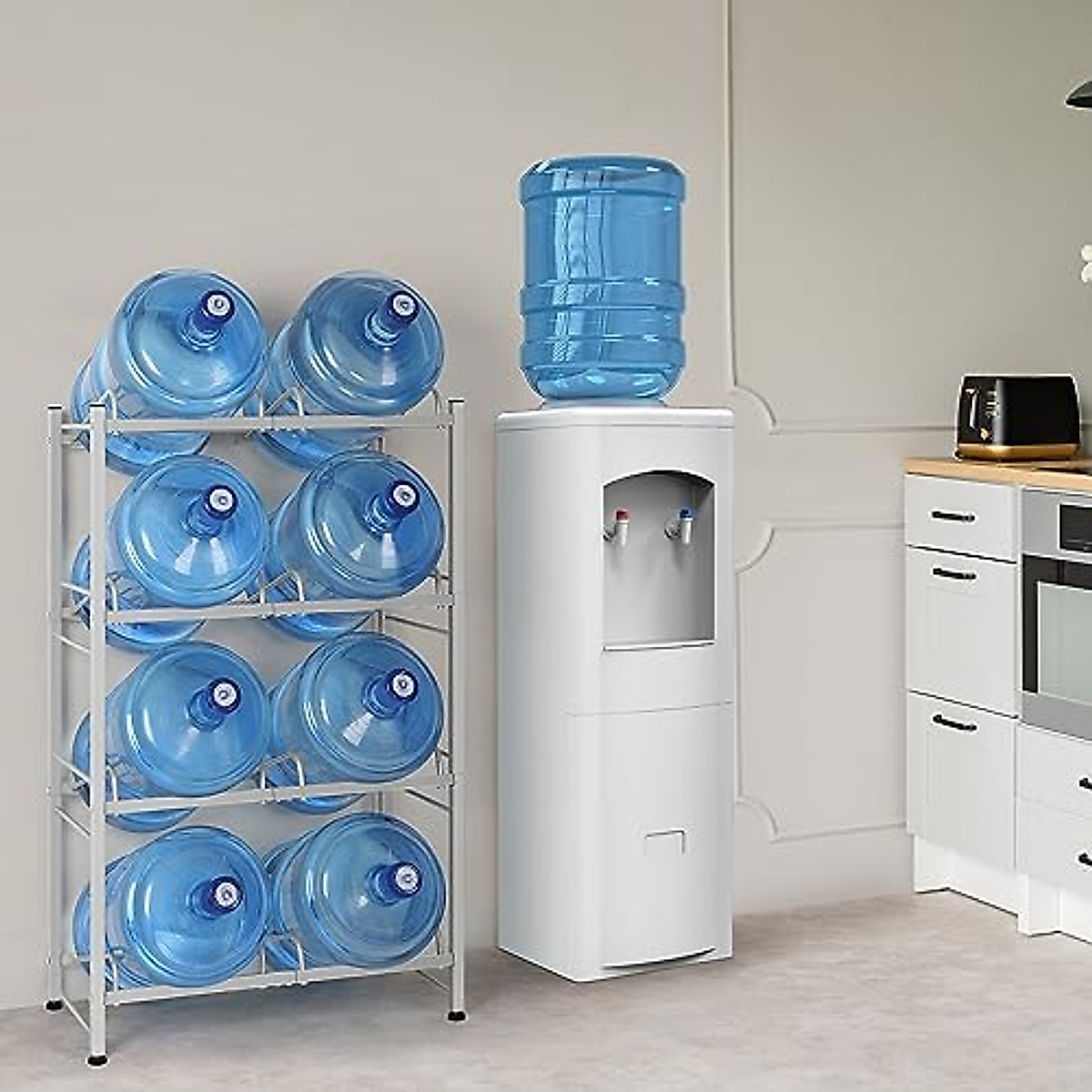 5 Gallon Water Jug Holder of 4 Tiers Water Bottle Storage Rack Stand with Large Capacity for 8 Bottles Heavy Duty Water Bottle Organizer Save Space for Kitchen, Dining Room, Garage (Silver)