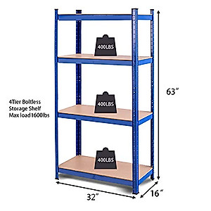 Tangkula Metal Storage Shelves, 63" Heavy Duty Steel Frame, Home Garage Multi-Use Storage Rack with Adjustable Shelves, 4-Tier Garage Shelf (32" L×16" W ×63" H) (1)