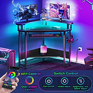Rolanstar Corner Desk, 44.5" W x 34.5" H Small Computer Desk with Power Outlets, Gaming Desk with LED Lights, Triangle corner desk with Keyboard Tray & Monitor Stand for Small Space, Black