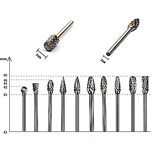 YXGOOD 10 Pieces Tungsten Carbide Double Cut Rotary Burr Set with 3 mm (1/8 Inch) Shank and 6 mm (1/4 Inch) Head Size (Style 1)