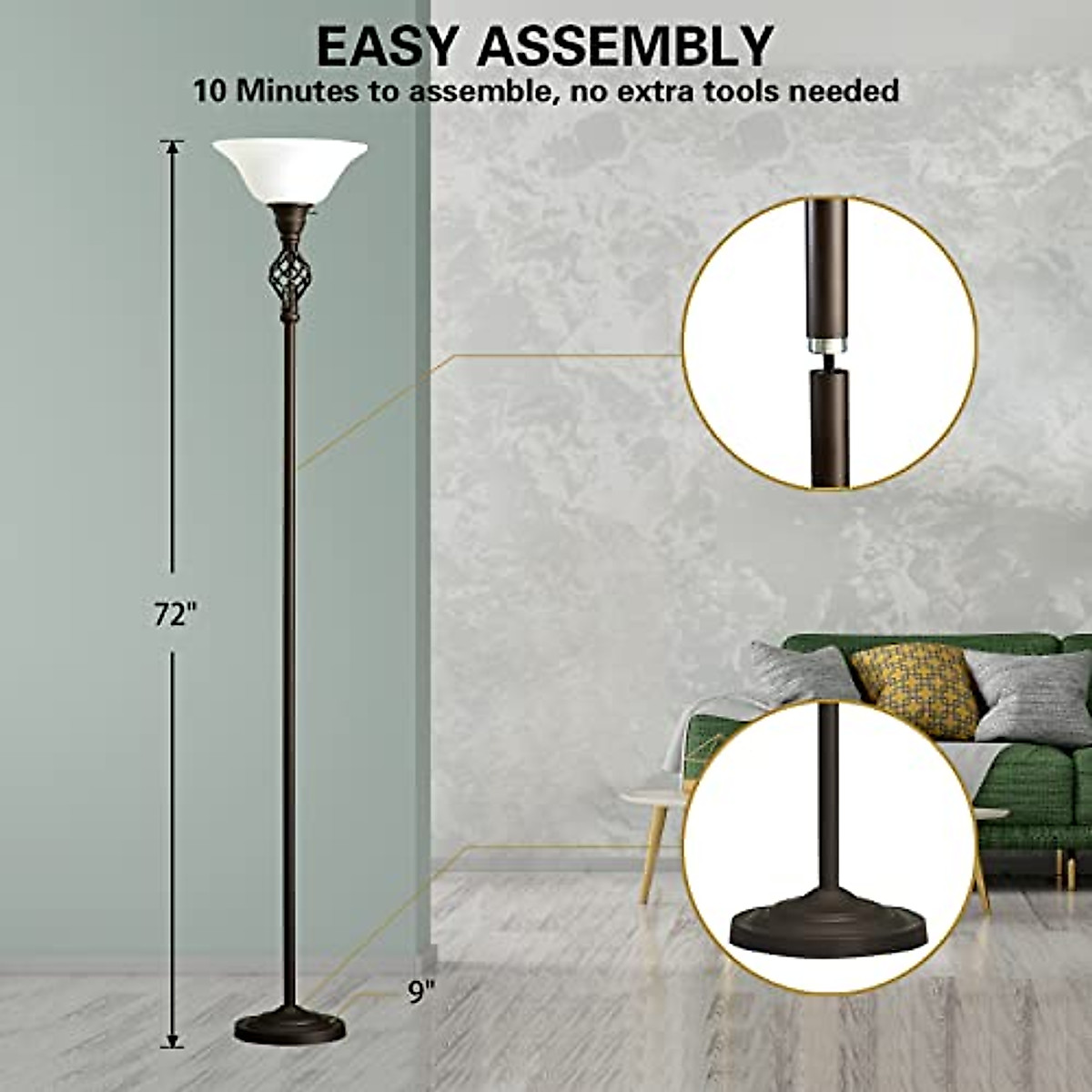 RAYINIGHT Floor Lamp for Living Room, 72" Modern Bedroom Standing Lamp with 8W LED Bulb, 3000K Eye Protection Torchiere Floor Lamp for Bedroom, Office, Living Room(Red Brown)