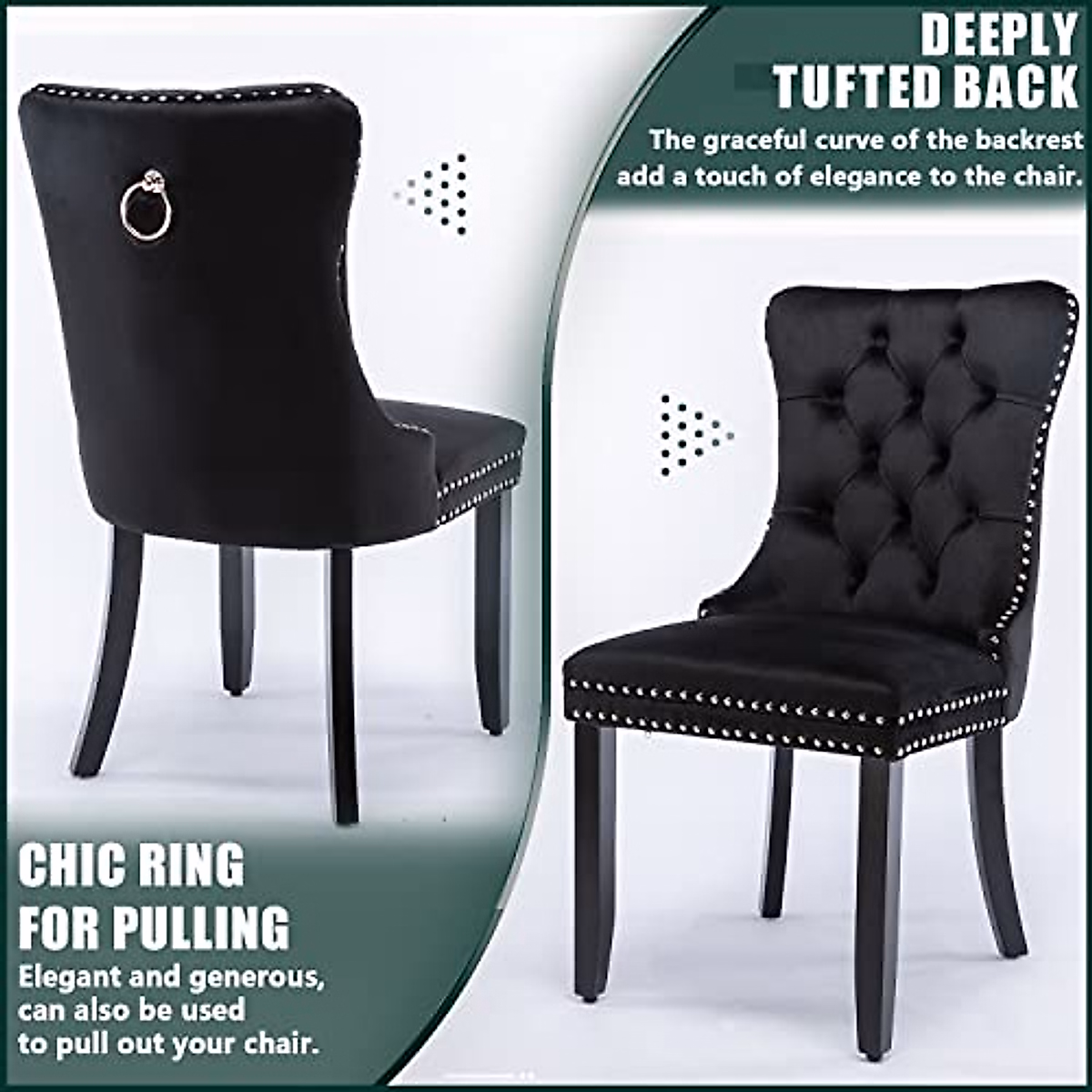 GEEVIVO Velvet Dining Chairs Set of 2, Upholstered Tufted Dining Room Chairs with Nailhead Button Back and Ring Pull Trim, Solid Wood Legs Side Dining Chairs for Dining Room/Kitchen/Restaurant, Black