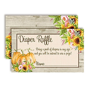 Amanda Creation Watercolor Sunflower & Peony Floral with Pumpkins Fall Diaper Raffle Tickets for Baby Showers, 20 2" X 3” Double Sided Inserts, Bring a Pack of Diapers to Win