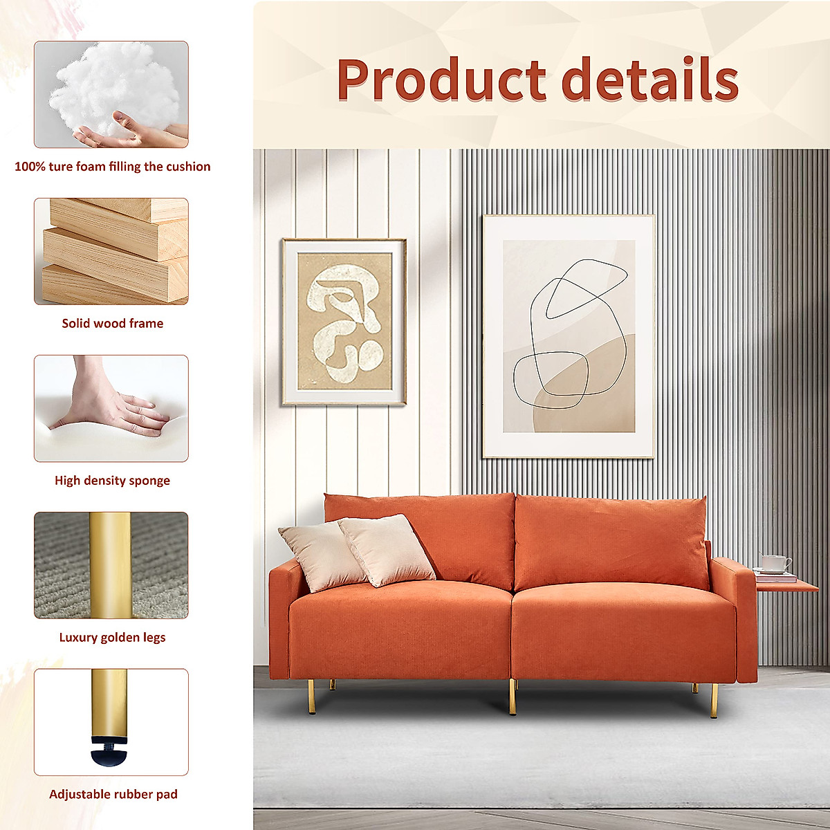 VASOENY 72.8 Inch Loveseat Sofa Couch, Mid Century Modern Linen Fabric Love Seats Sofa, 2 Seater Couches for Bedroon, Living Room, Apartment, Home Office(Orange)