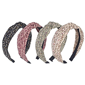 LifeDawn 4Pcs Headbands for Women,Floral Pattern Knotted Wide Headbands Cross Knot Hair Bands Vintage Hairband Turban Hoops Twist Headbands Accessories,Style 1