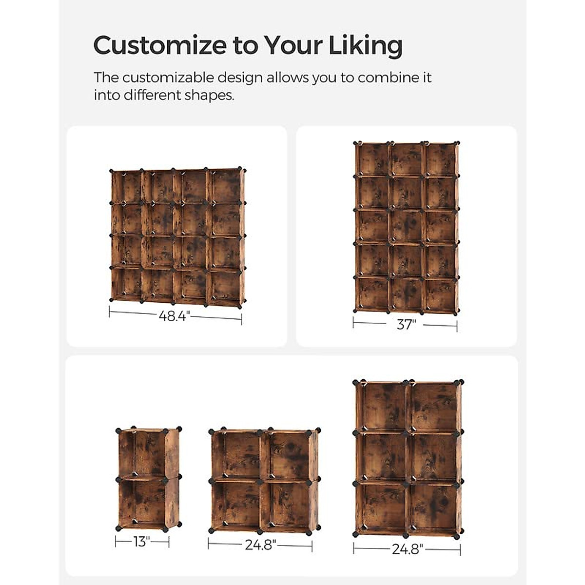 SONGMICS Cube Storage Organizer, 16-Cube Book Shelf, Closet Organizers and Storage, Room Organization, Cubby Shelving for Bedroom Living Room, 48.4 x 12.2 x 48.4 Inches, Rustic Brown ULPC442A01