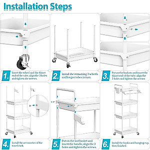 SPACEKEEPER Rolling Storage Cart, 4-Tier Bathroom Organizer Utility Cart Laundry Room Organization Mobile Shelving Unit with Towel Rack, Lockable Wheel, Hooks & Cup for Kitchen Bedroom Office, White