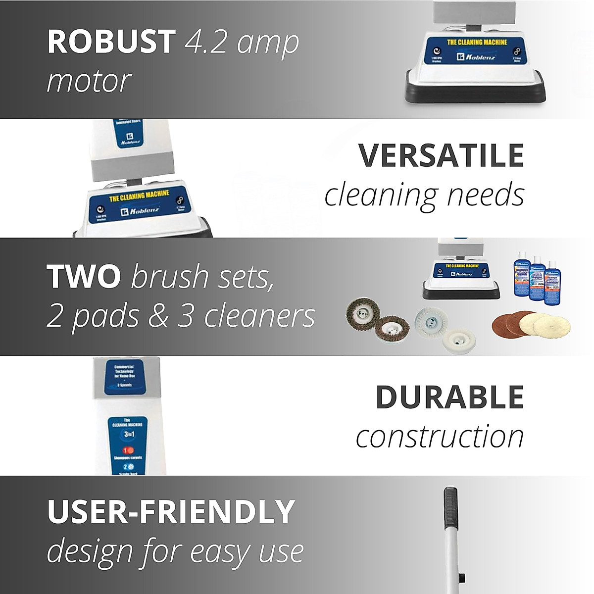 Koblenz Shampooer and Polisher, Floor Shampooer and Polisher, Hard Floor Cleaner, Carpet Cleaning Machine with Scrubbing Brushes, Polishing Pads, and Carpet Shampoo, 3 Speeds, Blue/Gray (P-820 BA)