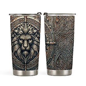 20oz Viking Celtic Warrior Lion Tumbler, Norse Mythology, Viking Gifts for Men, Coffee Thermos for Men, Stainless Steel Double Wall Vacuum Insulated Coffee Mug, Travel Cup with Lid