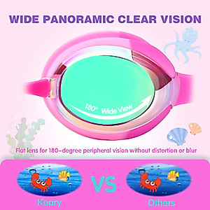 Keary 2 Pack Kids Swim Goggles Swimming Goggles for Toddler Children Girls Boys Youth, Anti-Fog Waterproof Anti-UV Clear Vision Mirror Flat Lens Water Pool Goggles with 3 Nose Piece, Pink Kids Goggles