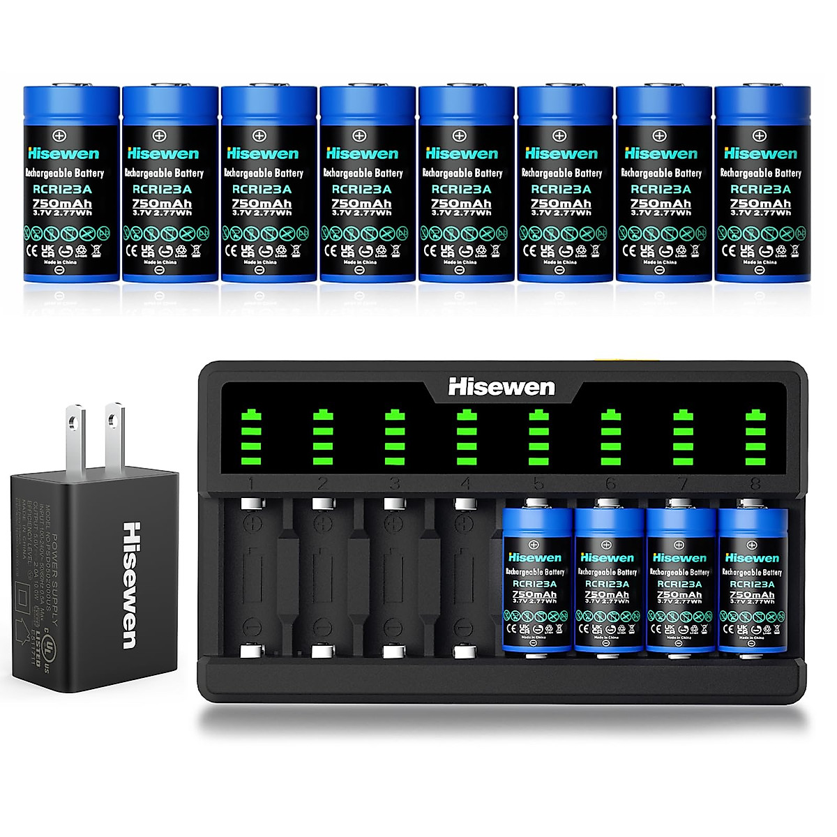 Hisewen 8 Pack CR123A Lithium Batteries, 3.7V 750mAh 123a Rechargeable Batteries with Charger for Arlo Camera VMC3030 VMK3200 VMS3230/3330/3430/3530 & Flashlights & Headlamp