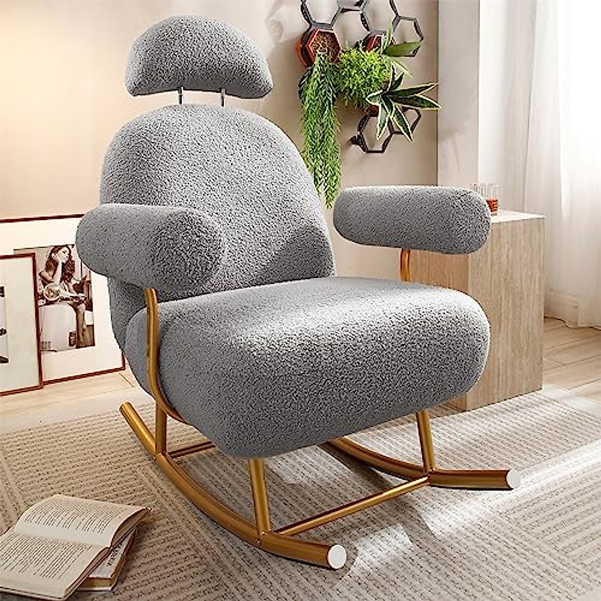Holaki Nursery Rocking Chair,Modern Sherpa Fabric Accent Upholstered Rocker Glider Chair for Baby and Kids,Comfy Armchair with Gold Metal Frame,Leisure Sofa Chair for Nursery/Bedroom/Living Room(Grey)