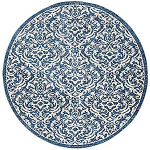 SAFAVIEH Brentwood Collection 6'7" Round Navy / Cream BNT810N Damask Non-Shedding Dining Room Entryway Foyer Living Room Bedroom Area Rug
