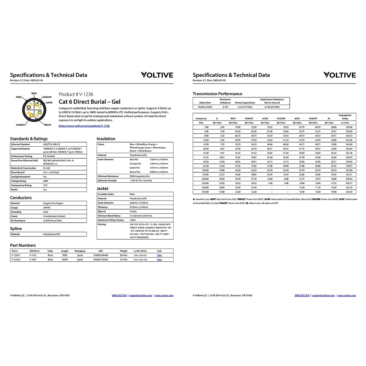 Voltive Cat6 Direct Burial, Gel Filled, 1000ft, Black - UV Resistant - Solid Bare Copper Bulk Ethernet Cable - UTP - 600MHz - UL Certified & ETL Verified