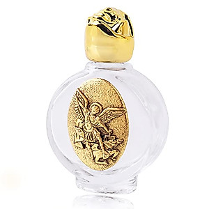 Luomu Glass Holy Water Bottle 0.5 floz with Gold-Toned Cap and Gold-Toned Depiction of The Holy Family (Saint Michael the Archangel-Gold)