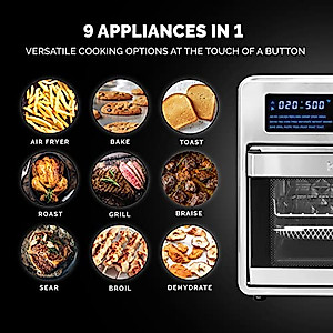 Kalorik MAXX® 16 Quart Digital Air Fryer Oven, Easy to Use, 9-in-1 Versatility - Air fryer, Bake, Braise, Broil, Dehydrate, Grill, Roast, Sear, and Toast, 21 Smart Presets, 5 Accessories, Bonus Cookbook, 500°F, 1600W, Stainless Steel