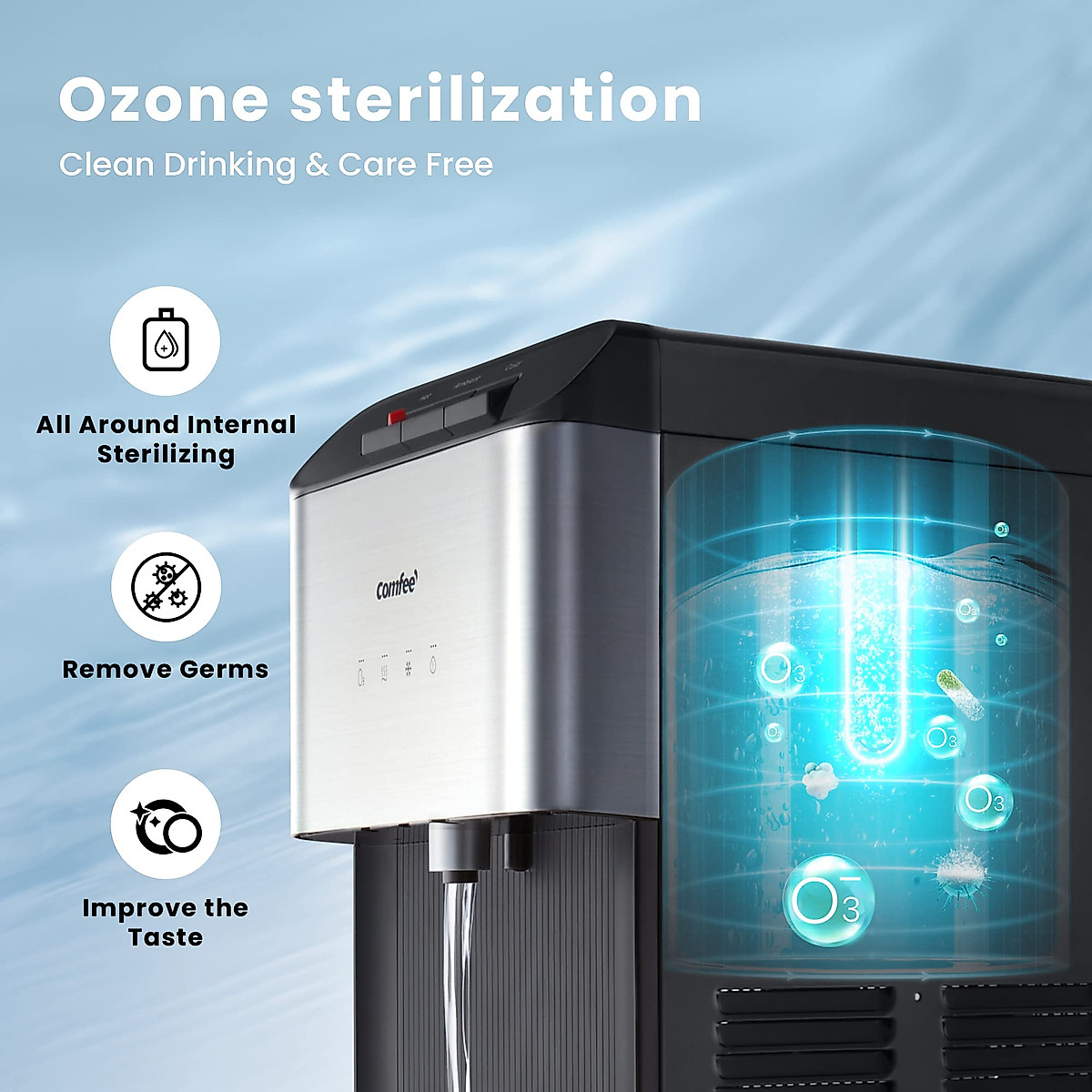 Comfee Ozone Self-Cleaning Bottom Loading Water Cooler, Quick Cooling Water Dispenser with 3 Temperature Settings, Safety Child Lock, Stainless Steel