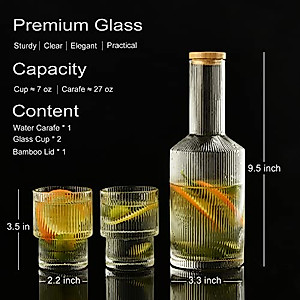 ALINK Glass Bedside Water Carafe with Lid and Glass Cups Set, Ribbed Carafe Glassware Drinking Glasses for Nightstand, 27oz Vintage Fluted Glassware Water Pitcher - Clear