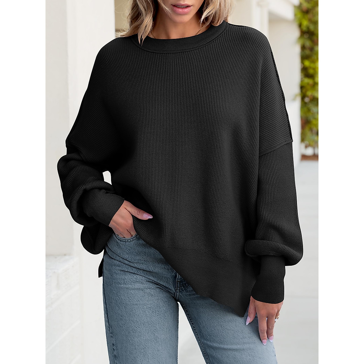 ANRABESS Women Crewneck Batwing Long Sleeve 2024 Fall Oversized Side Slit Ribbed Knit Pullover Sweaters Top Cozy Outfits Black Large
