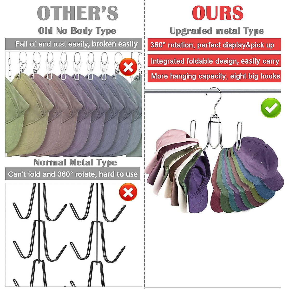 Hat Hanger for Closet, Metal Hat Organizer for Baseball Caps, Collapsible Hat Racks with 4 Big Hooks(2 Pack), 360° Rotation Space Saving Hangers, Better Organizer&Display for Hat, Tie, Scarveb