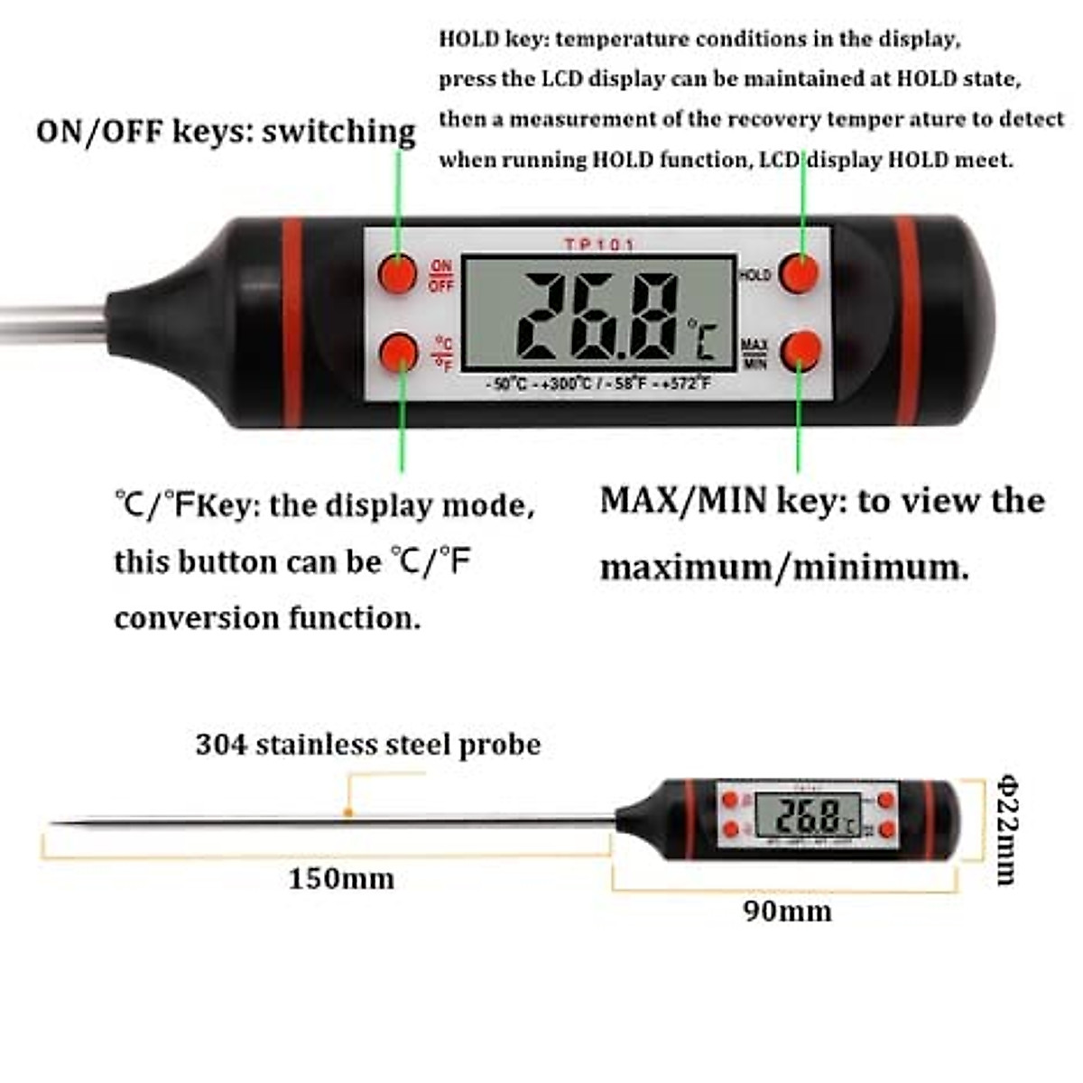 Sepa Sport Large Meat, Food & Liquid Thermometer,Fast Precise Digital Screen with 5.7 Inches Stainless Steel Probe Perfect for Any Cooking, Deep Fry, BBQ Grilling, Turkey Roasting Or Meat. (TP101)