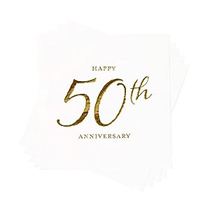 X&O Paper Goods TW4-19878 Happy 50th Anniversary Disposable Paper Cocktail Napkins, 5'' x 5'', Gold Foil, 20pcs