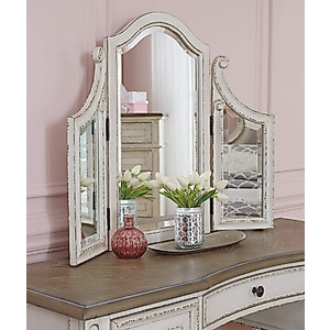 Signature Design by Ashley Realyn Traditional Cottage 3 Drawer Vanity Set with Dovetail Construction, Mirror & Stool Included, Chipped White, Distressed Brown