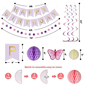meowtastic Purple Birthday Decorations - Purple Happy Birthday Banner with Honeycomb Ball, Butterflies Hanging Swirl Streamer, Circle Dot Garland Decoration - Birthday Party Decoration for Women Girl