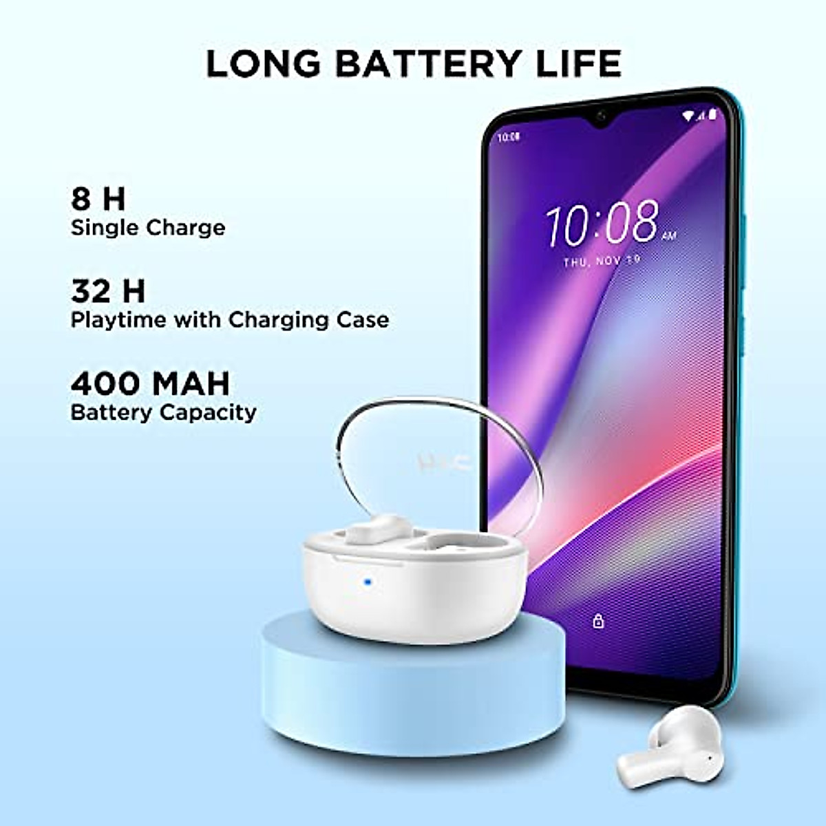 HTC True Wireless Earbuds 1 Bluetooth 5.3 Earphones, in-Ear Headphone ENC Noise Cancellation Transparent Space Capsule, 32-Hour Playtime/Built-in Microphone/Touch Control -Crystal White