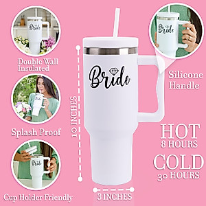 Hacienda Art & Home Bride's 40 Oz Tumbler with Handle and Straw - Insulated Stainless Steel Water Bottle Fits in Car Cup Holder - Bachelorette Gift, Bridal Shower Gift (Bride White)