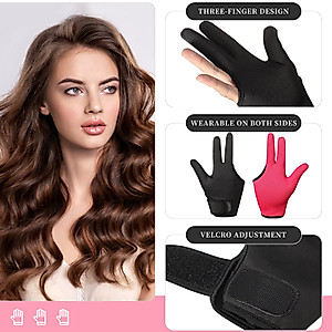 Heat Resistant Gloves for Hair Styling 2 Pcs Curling Wand Glove 3 Finger Barber Glove Reusable Hair Dye Heat Protector Glove (Black, Rose Red)