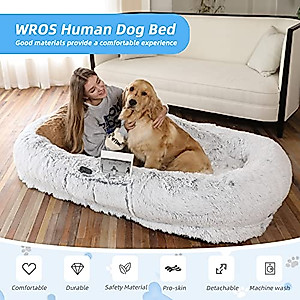 WROS Human Dog Bed, 71"x45"x12" Dog Bed for Humans Size Fits You and Pets, Washable Faux Fur Orthopedic Human Dog Bed for People Doze Off, Napping Present Plump Pillow, Blanket, Strap - Grey