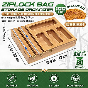KitchenBe1 - Ziplock Bag Organizer together with Foil and Plastic Wrap Dispenser Cutter, Storage for Drawer or Wall, Zip Lock Sandwich Baggie Container Organization Bamboo, Natural (BambooBox01)