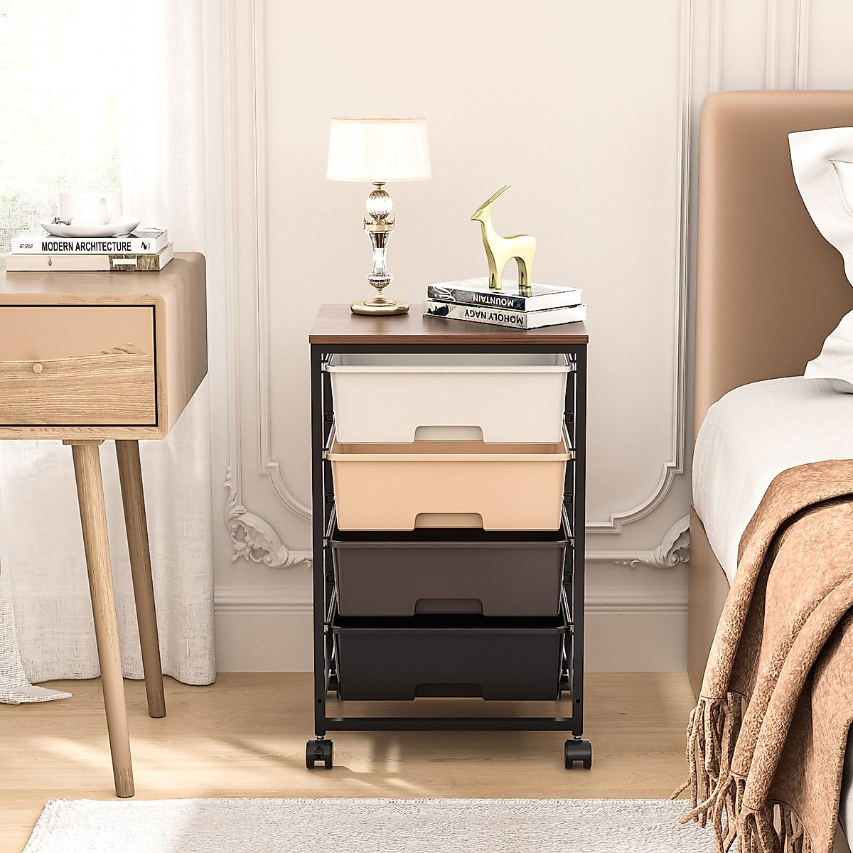 TOOLF Utility Cart with Drawers and Wooden Tabletop,4 Drawers Rolling Storage Cart,Arts and Crafts Organizer Storage Cart for Bedroom,Kid's Room,Dorm,Classroom,Office,Brown