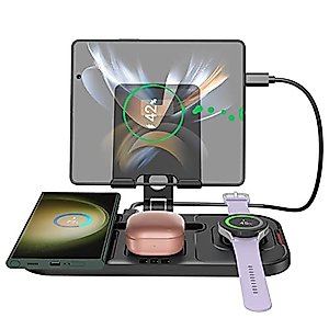 Wireless Charger for Samsung Charging Station with Tablet Stand Holder Compatible with Galaxy S23 S22 Ultra/S21/S20, Foldable 4 in 1 Charging Dock for Galaxy Watch 5 Pro Charger/4/Active 2/Buds 2 Pro