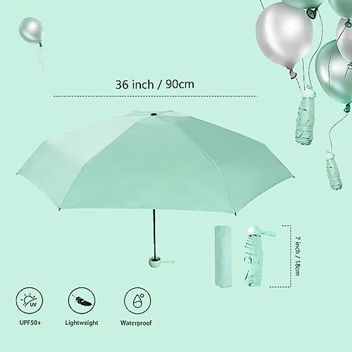 ALFROTEY Mini Folding Travel Umbrella for Rain with Anti-UV Protection Lightweight Small Compact Umbrella for Backpack and Purse Ideal Travel Umbrella for Women and Girls (Light Green, S)