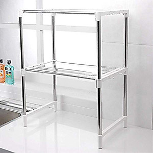 JF-XUAN Kitchen Shelf Microwave Oven Rack Multifunctional 2-layer Microwave Oven Rack Kitchen Rack Adjustable Stainless Steel Storage Rack With Hook Large Microwave Oven Rack (Color : Silver, Size