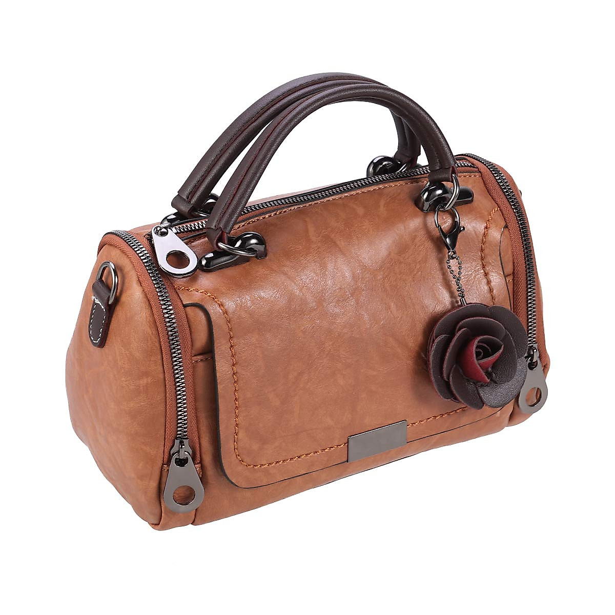 TENDYCOCO Crossbody Bag Barrel Handbag with Flower Pendant for Women (Brown)