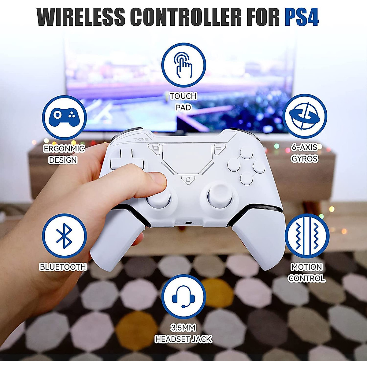 Wireless Controller for PS-4,Wireless Game Controller for PS-4/Pro/Slim Console, with Dual Vibration/6-Axis Gyro Sensor/Audio Function compatible for PC Platform (White)