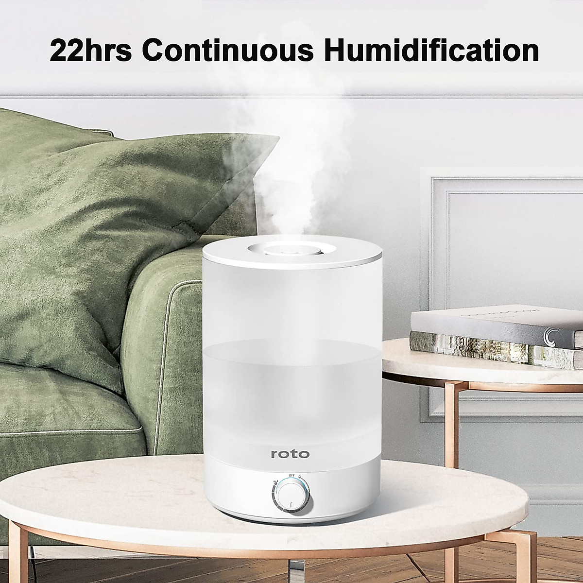 Roto Top Fill Humidifiers for Bedroom, Cool Mist Ultrasonic Quiet Humidifier with Essential Oil Diffuser, Last Up to 22 Hours, Auto Off, Adjustable Output Mist & 360° Rotation Nozzle - 2.5L