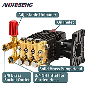 ANJIESENG 4000 PSI Pressure Washer Pump Horizontal Pressure Washer Triplex Plunger, 1'' Shaft 4.8 GPM Power Washer Pump Replacement for Most Gas Engine Power Washer with Easy Pressure Adjustment