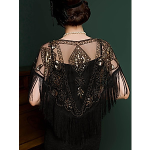 SWEETV Women's 1920s Shawl Wraps,Sequin Beaded Flapper Evening Shawls for women Formal/Party/Wedding/Formal/Harlem night,Flapper Accessories for Women,Black Gold