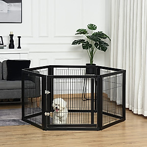 PawHut Transformable Pet Playpen 6 Freestanding Panels Gate Fireplace Christmas Tree Fence Stair Barrier Room Divider with Walk Through Door Wooden Frame Metal Mesh Black 63'' x 54.5'' x 31.5''