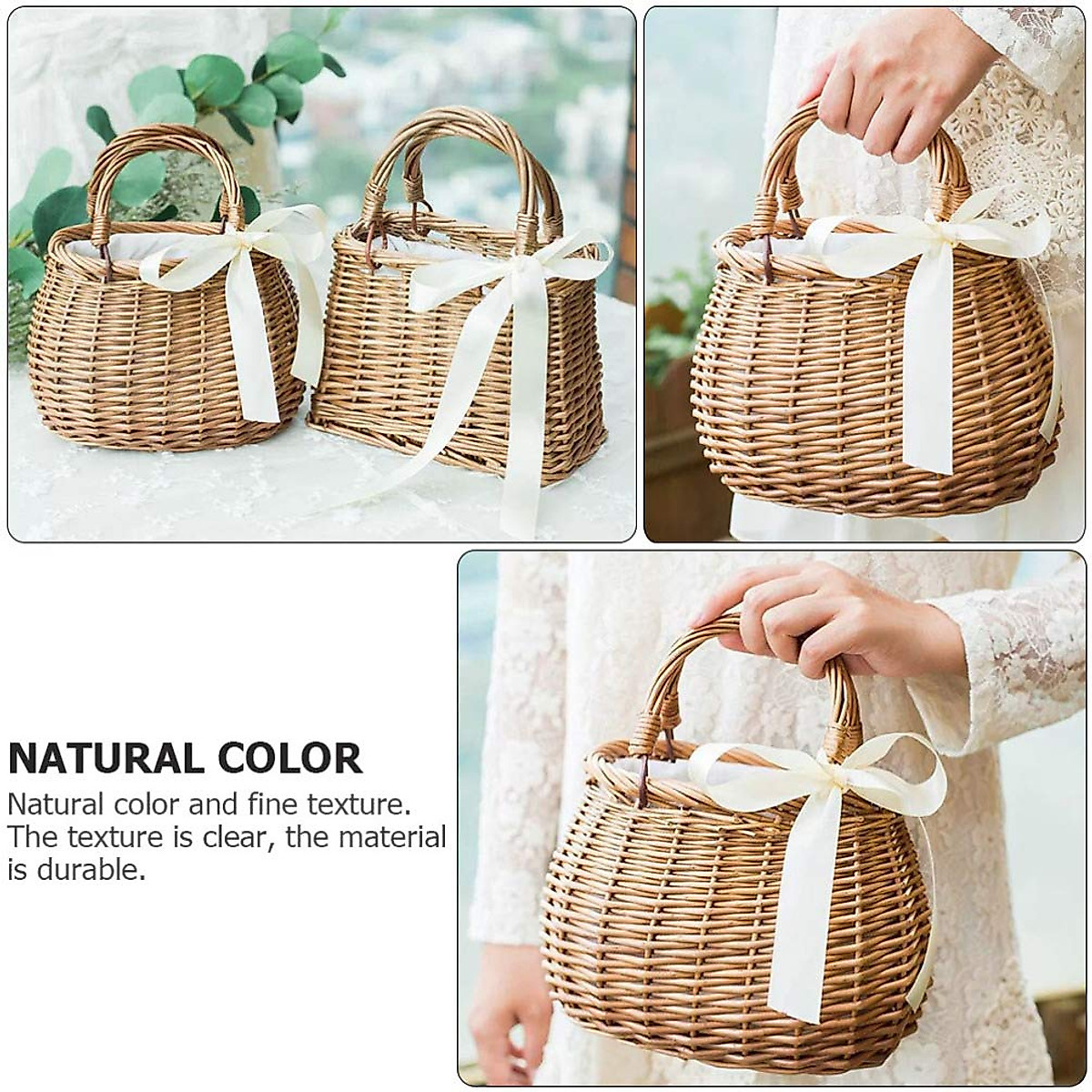 LIOOBO Rattan Woven Bag with Bow, Boho Style Beach Bag Flower Basket - Straw Bags Handle Wicker Baskets Handbags