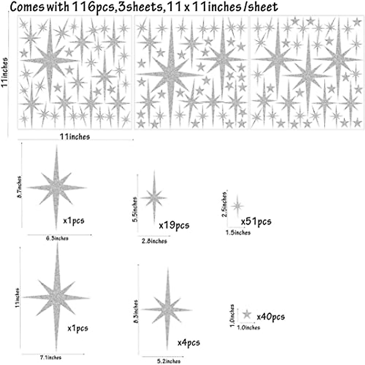 Retro Starburst Mirror Wall Decals Silver 3D Acrylic Sparkle Wall Decors Star Wall Stickers Removable Star Decals Home Wall Decors(123pcs)