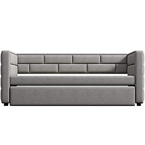 YuiHome Twin Upholstered Daybed with Trundle, Wooden Daybed Sofa Bed Frame with Padded Back, Twin Captain’s Bed for Living Room Bedroom,Gray