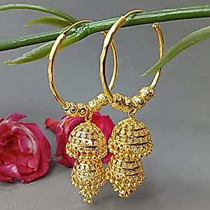 Efulgenz Indian Earrings for Women Indian Hoop Earrings Indian Jhumka Earrings Set Indian Jewelry Traditional Gold Tone Hoop Jhumka Jhumki Dangle Earrings Set for Women